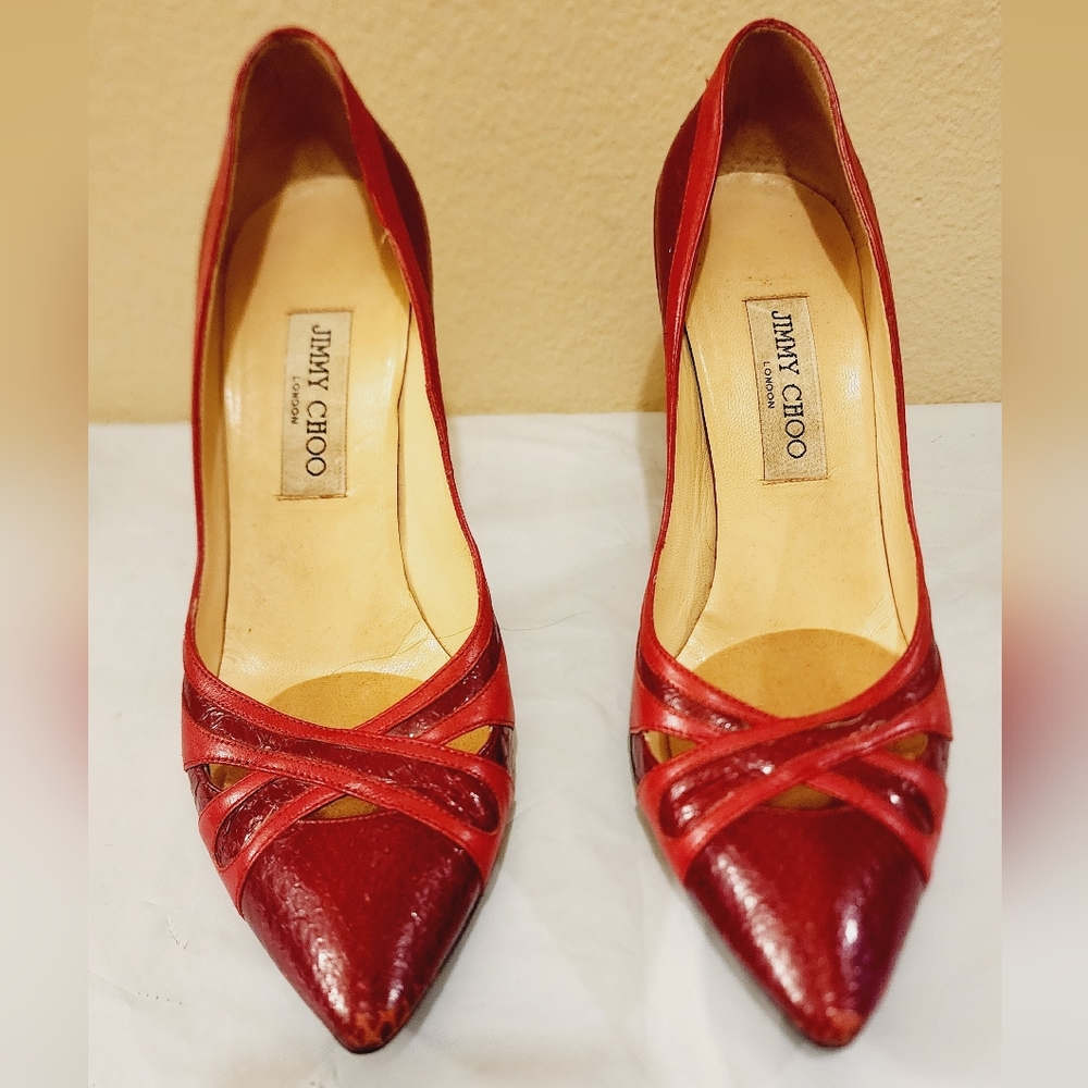 Jimmy Choo Red Python Pointed Toe Pumps Size 38.5 - Gem